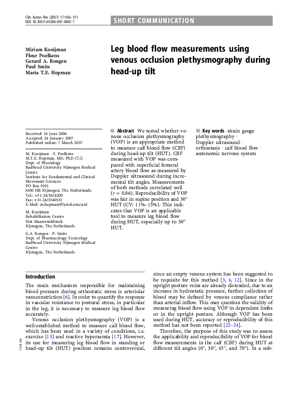 (PDF) Leg blood flow measurements using venous occlusion ...