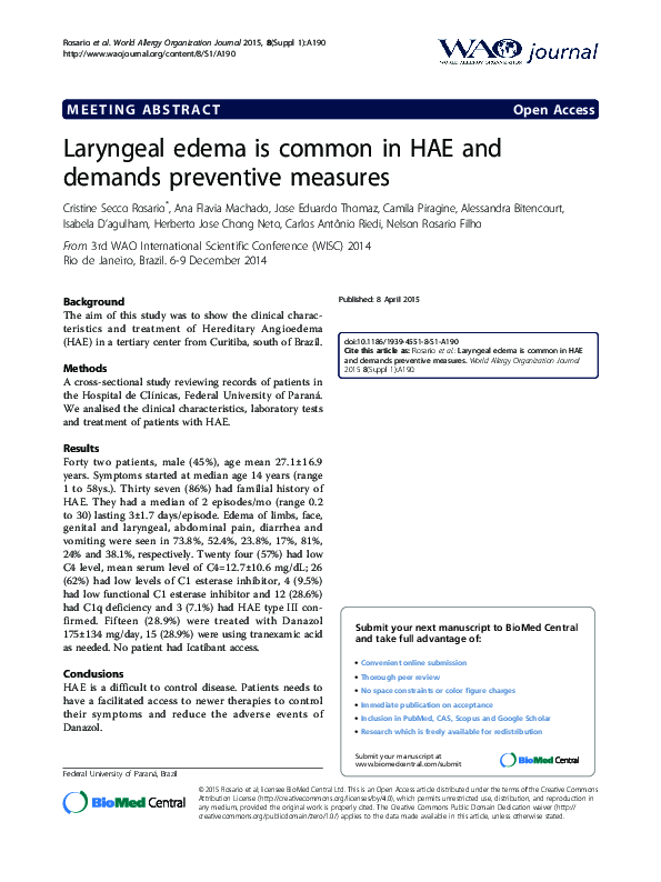 (PDF) Laryngeal edema is common in HAE and demands preventive measures