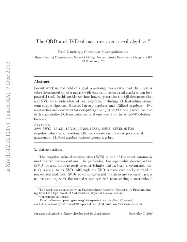 (PDF) The QRD and SVD of matrices over a real algebra