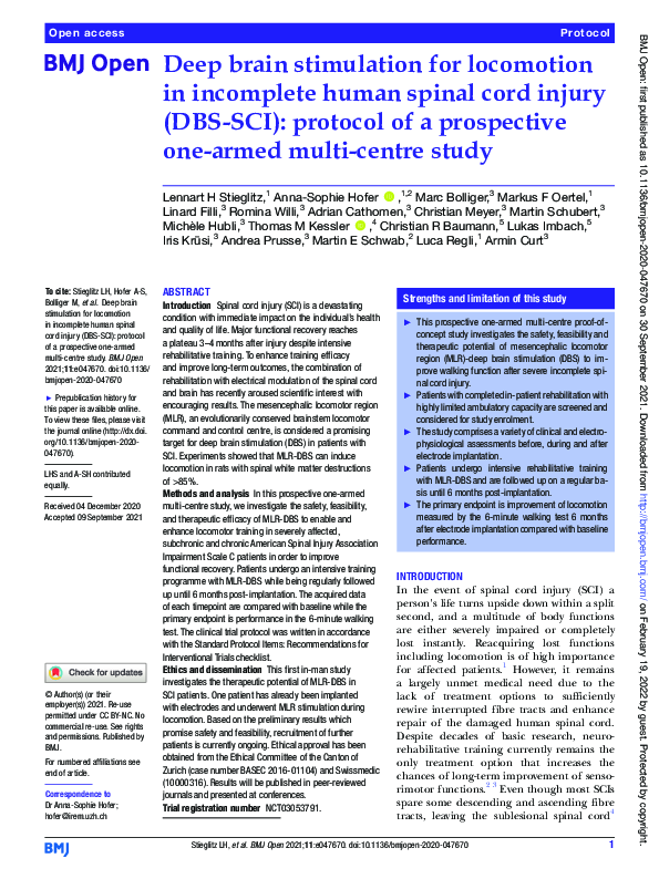 (PDF) Deep brain stimulation for locomotion in incomplete human spinal ...