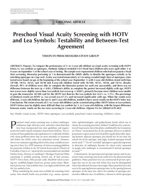 (PDF) Preschool Visual Acuity Screening with HOTV and Lea Symbols ...