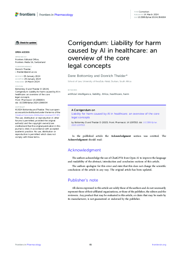 (PDF) Corrigendum: Liability for harm caused by AI in healthcare: an ...