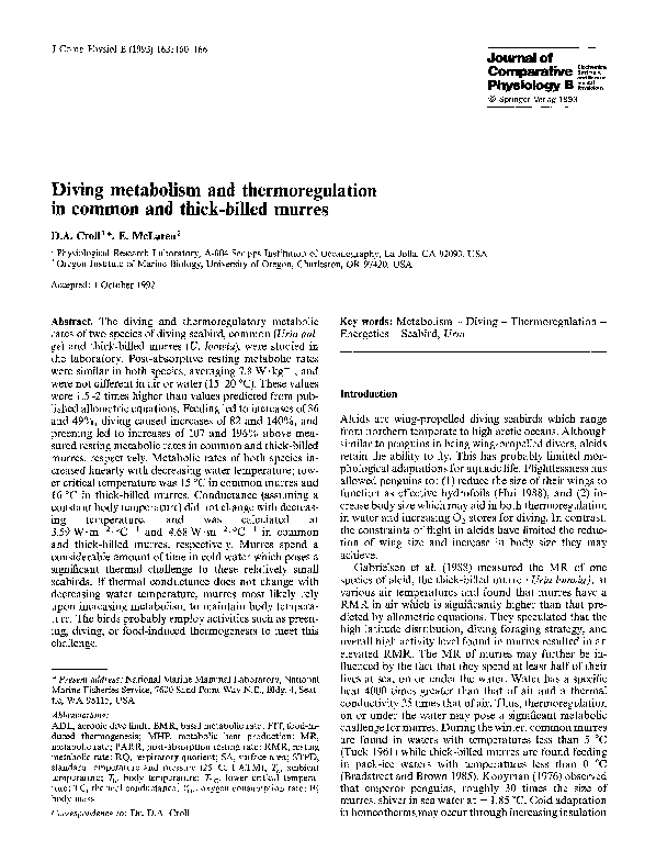 (PDF) Diving metabolism and thermoregulation in common and thick-billed ...