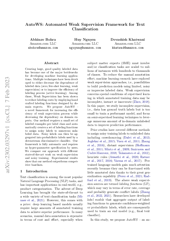 (PDF) AutoWS: Automated Weak Supervision Framework for Text Classification