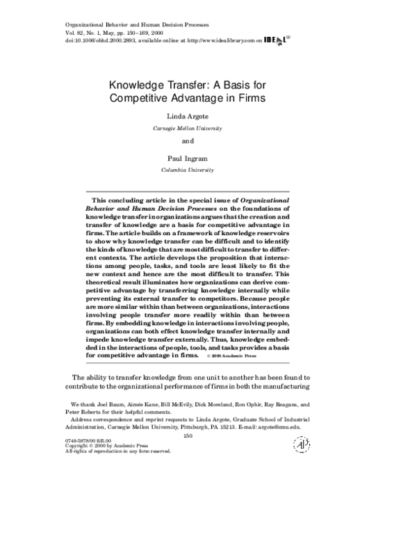 (PDF) Knowledge Transfer: A Basis for Competitive Advantage in Firms
