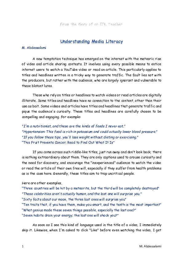 (PDF) Understanding Media Literacy