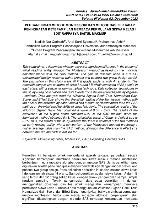 (PDF) Perbandingan Metode Montessori Dan Metode Sas Terhadap ...