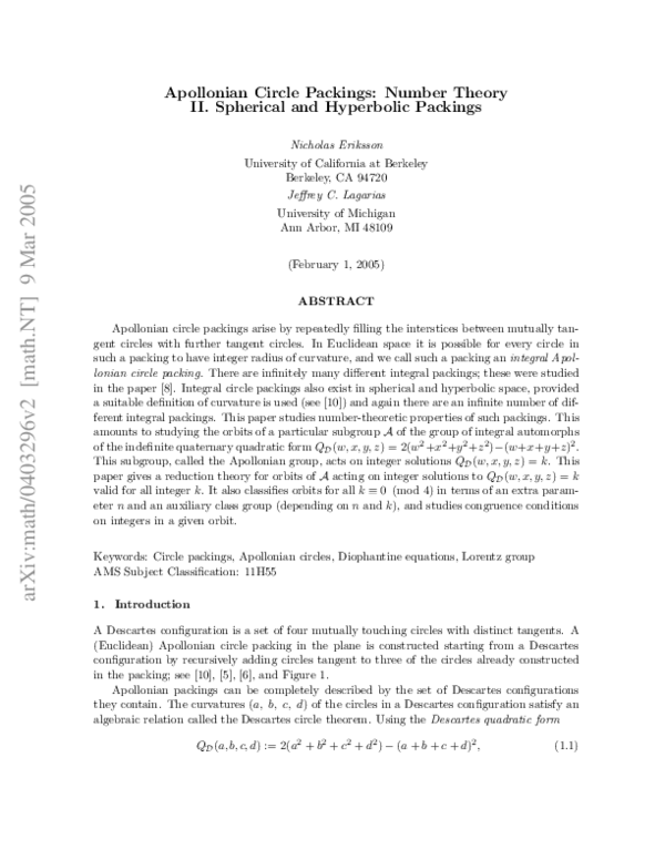 (PDF) Apollonian Circle Packings: Number Theory II. Spherical and ...