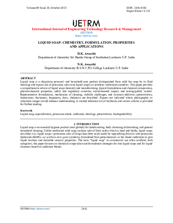 (PDF) LIQUID SOAP: CHEMISTRY, FORMULATION, PROPERTIES AND APPLICATIONS