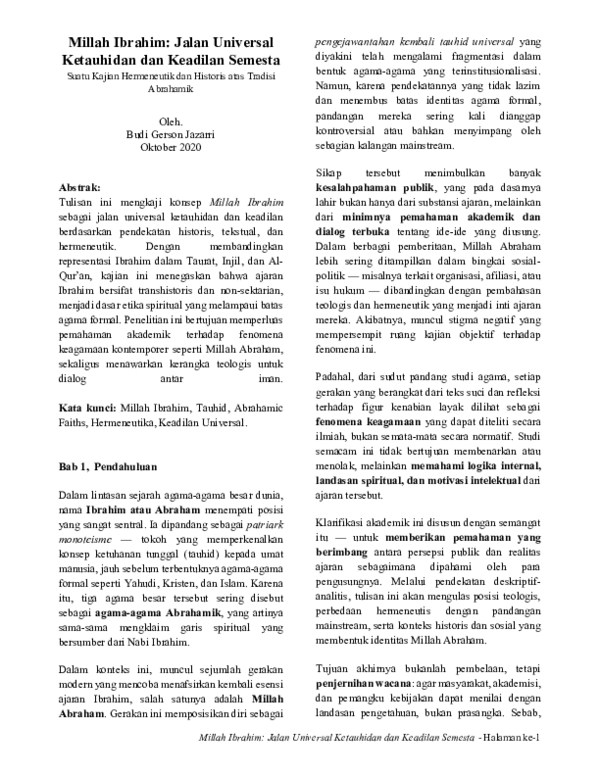 (PDF) Millah Ibrahim: Jalan Universal Ketauhidan dan Keadilan Semesta ...