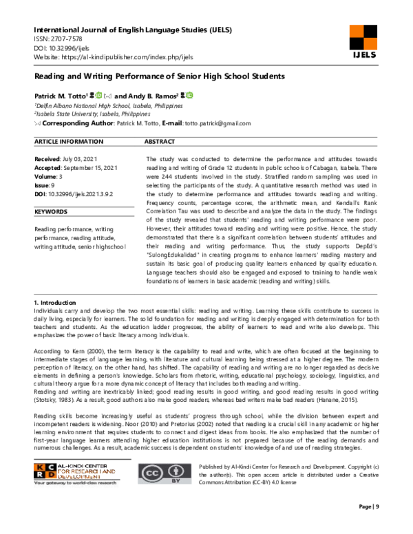 (PDF) Reading and Writing Performance of Senior High School Students