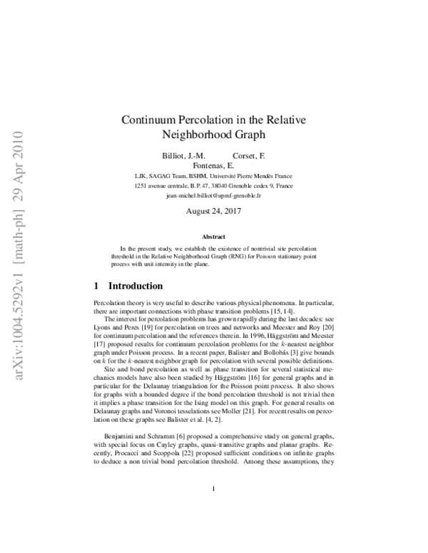 (PDF) Continuum Percolation in the Relative Neighborhood Graph