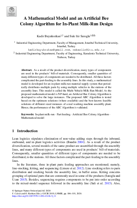 (PDF) A Mathematical Model and an Artificial Bee Colony Algorithm for In-Plant Milk-Run Design
