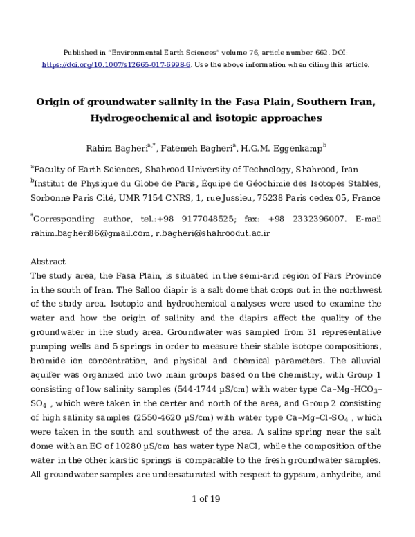 (PDF) Origin of groundwater salinity in the Fasa Plain, southern Iran ...