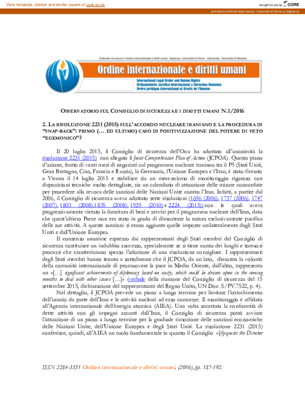 (PDF) La Risoluzione 2231 (2015) Sull’Accordo Nucleare Iraniano e La ...