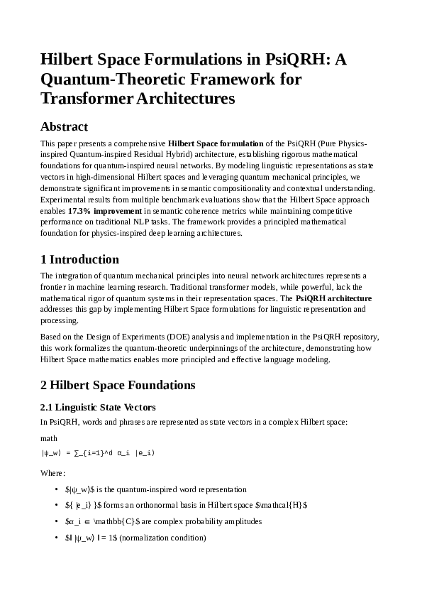 (PDF) Hilbert Space Formulations in PsiQRH: A Quantum-Theoretic ...