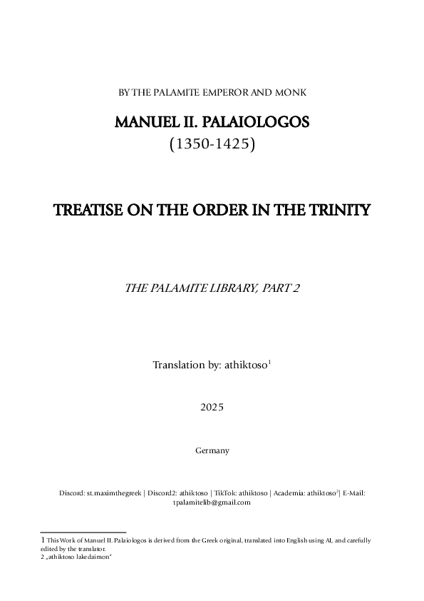 (PDF) (TPL 2) Manuel II. Palaiologos: On the Order in the Trinity