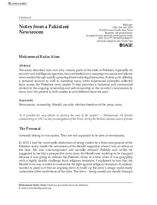 (PDF) Notes from a Pakistani Newsroom