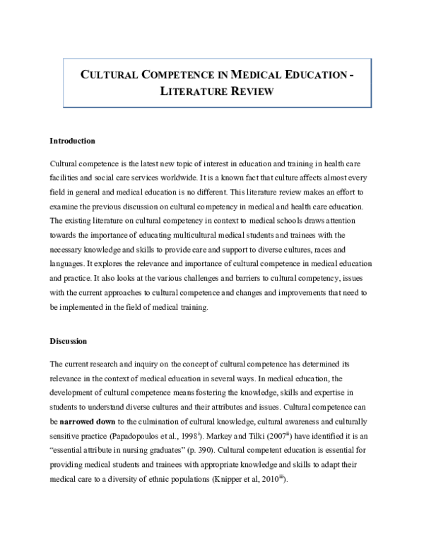 (PDF) CULTURAL COMPETENCE IN MEDICAL EDUCATION -LITERATURE REVIEW