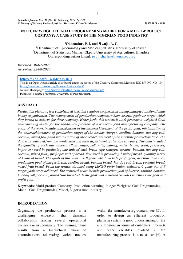 (PDF) INTEGER WEIGHTED GOAL PROGRAMMING MODEL FOR A MULTI-PRODUCT ...