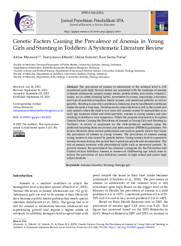 (PDF) Genetic Factors Causing the Prevalence of Anemia in Young Girls ...