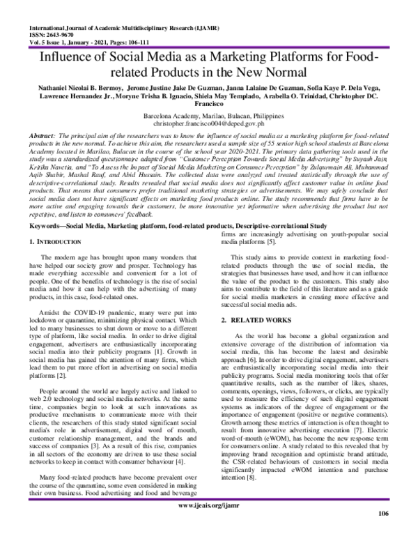 (PDF) Influence of Social Media as a Marketing Platforms for Food ...
