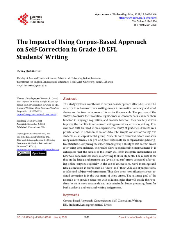 (PDF) The Impact of Using Corpus-Based Approach on Self-Correction in Grade 10 EFL Students' Writing