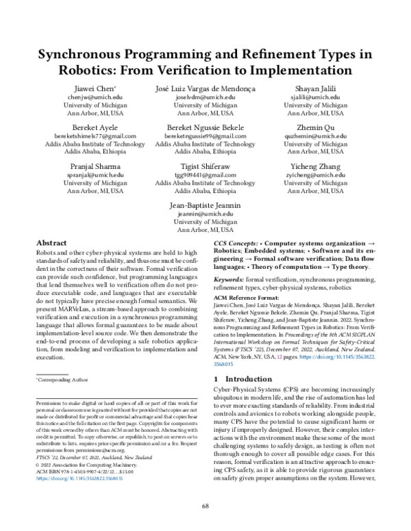 (PDF) Synchronous Programming and Refinement Types in Robotics: From Verification to Implementation