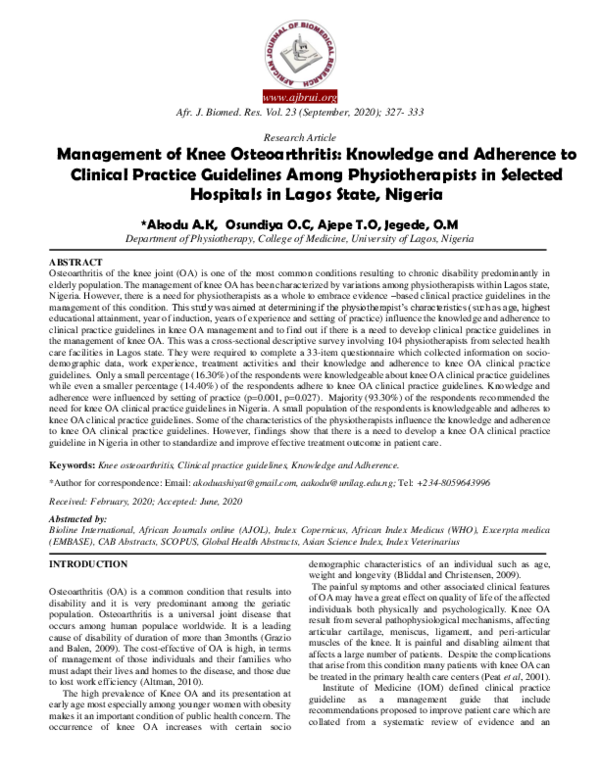 (PDF) Management of Knee Osteoarthritis: Knowledge and Adherence to ...