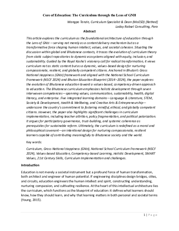 (PDF) Core of Education: The Curriculum through the Lens of GNH