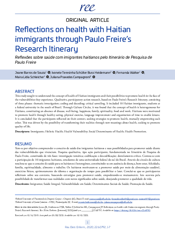 (PDF) Reflections on health with Haitian immigrants through Paulo ...