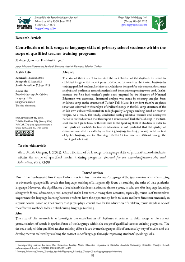 (PDF) Contribution of folk songs to language skills of primary school ...