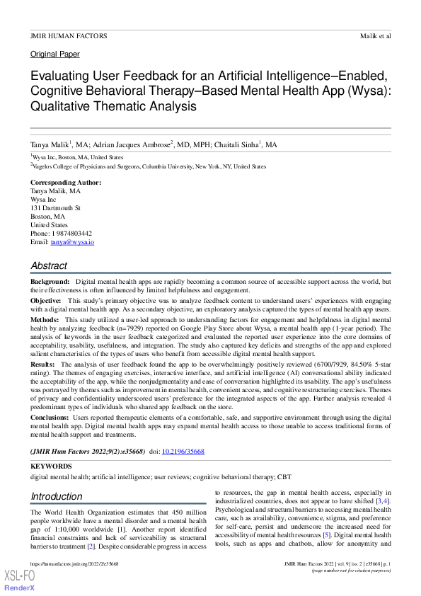 (PDF) Evaluating User Feedback for an Artificial Intelligence–Enabled, Cognitive Behavioral ...