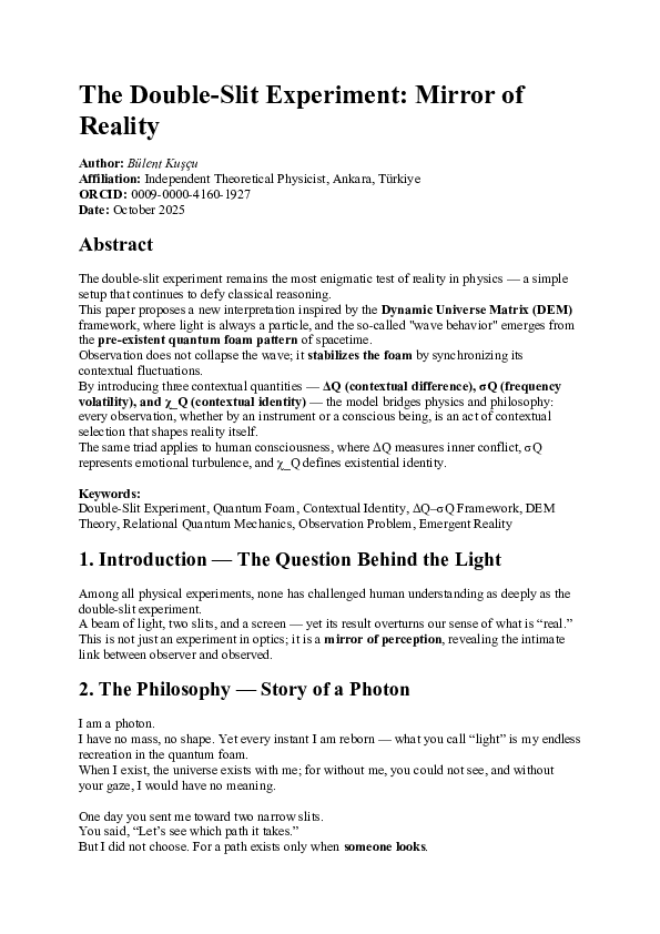 (PDF) The Double-Slit Experiment: Mirror of Reality