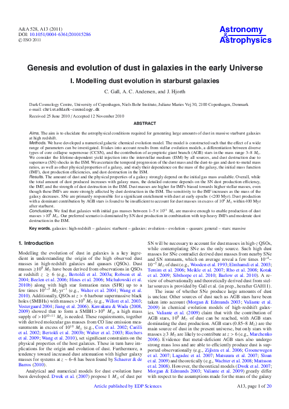 (PDF) Genesis and evolution of dust in galaxies in the early Universe I ...