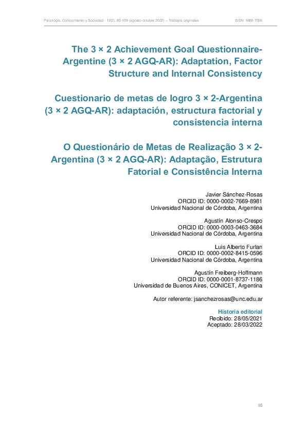 (PDF) The 3 × 2 Achievement Goal Questionnaire- Argentine (3 × 2 AGQ-AR ...