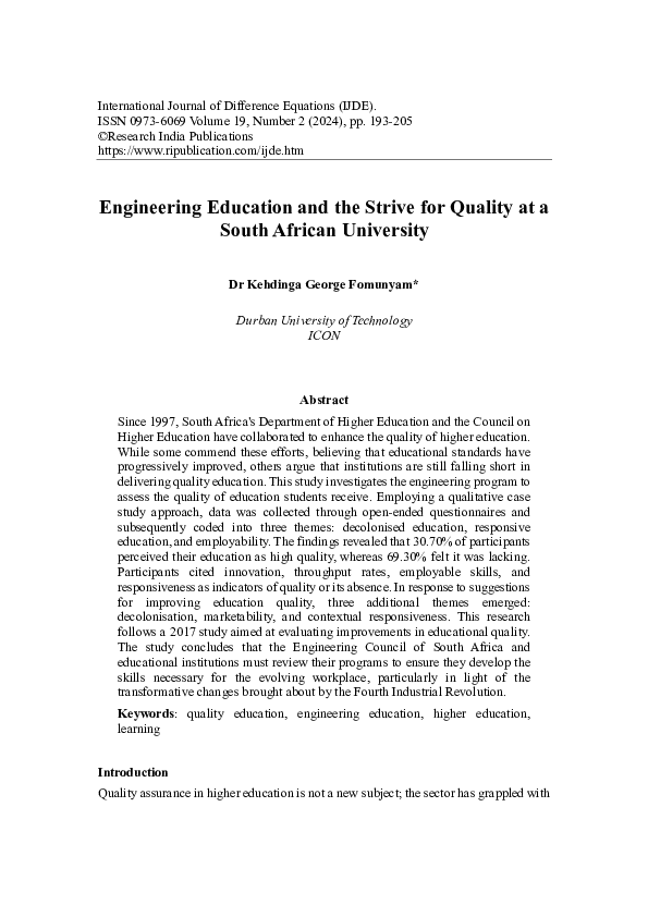 (PDF) Engineering Education and the Strive for Quality at a South ...