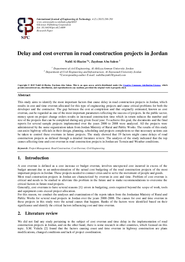 (PDF) Delay and cost overrun in road construction projects in Jordan