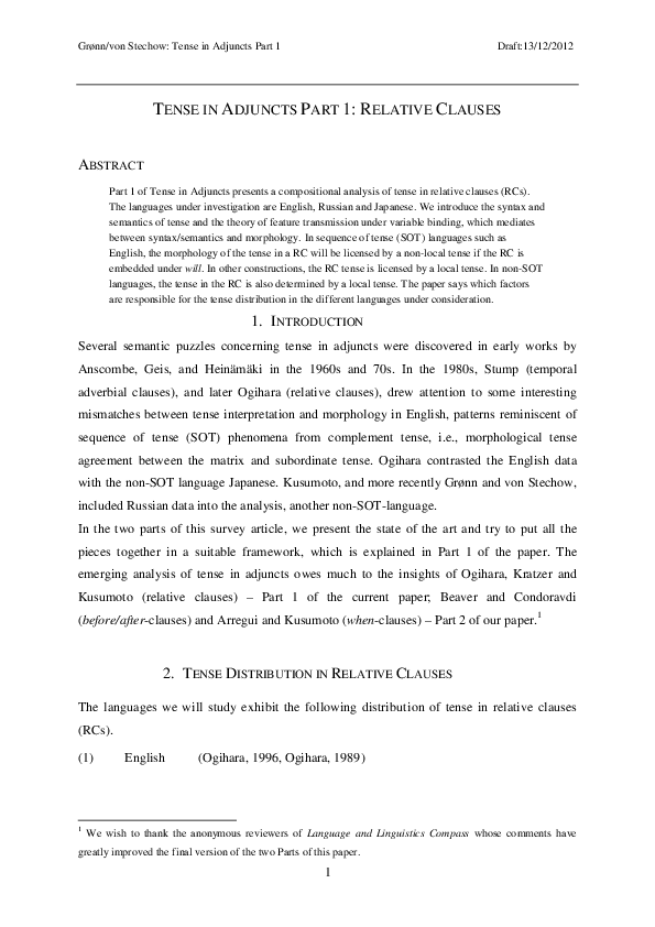 (PDF) Tense in Adjuncts Part 1: Relative Clauses