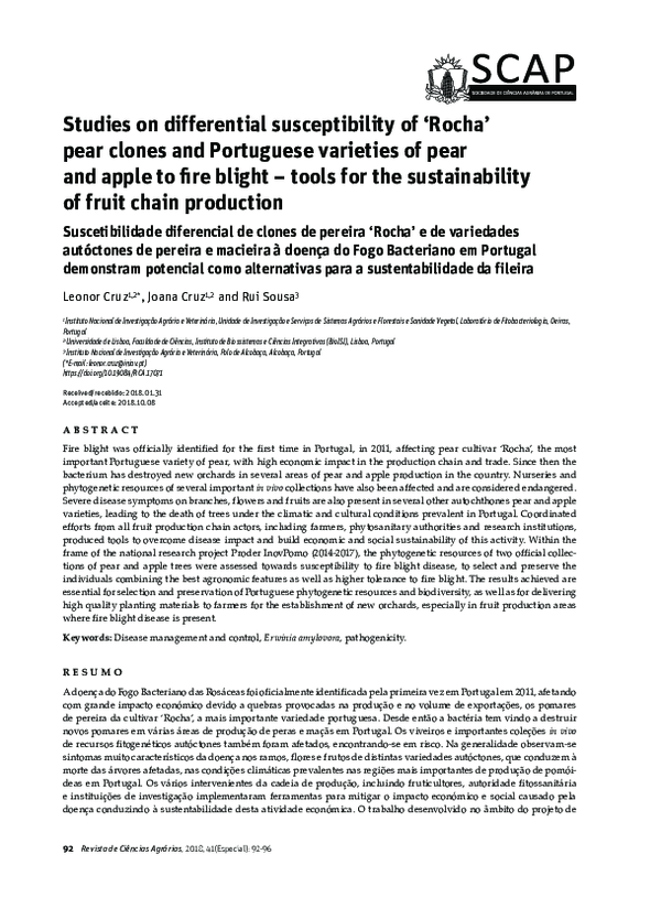 (PDF) Studies on differential susceptibility of 'Rocha' pear clones and ...