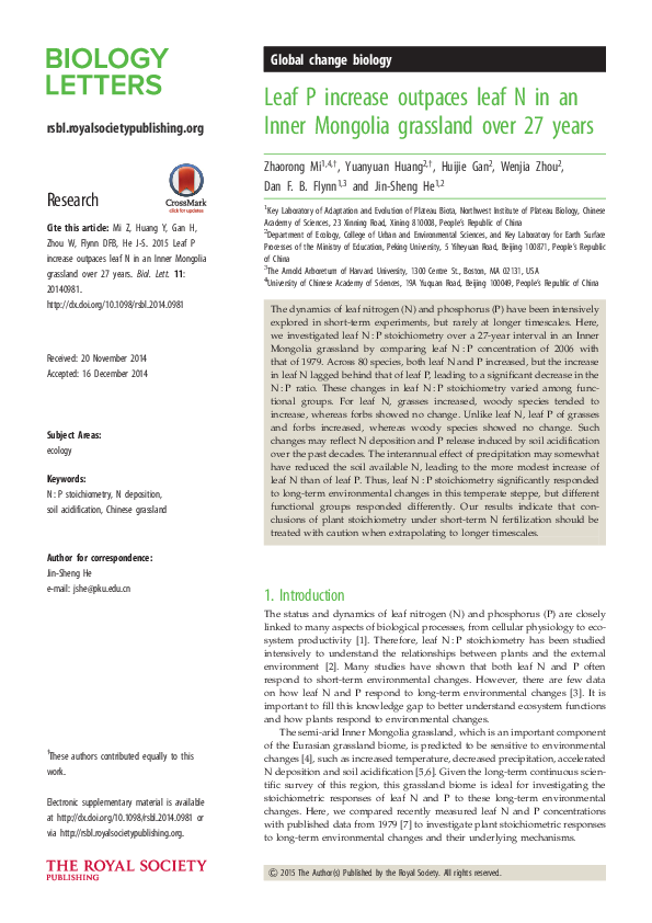 (PDF) Leaf P increase outpaces leaf N in an Inner Mongolia grassland ...