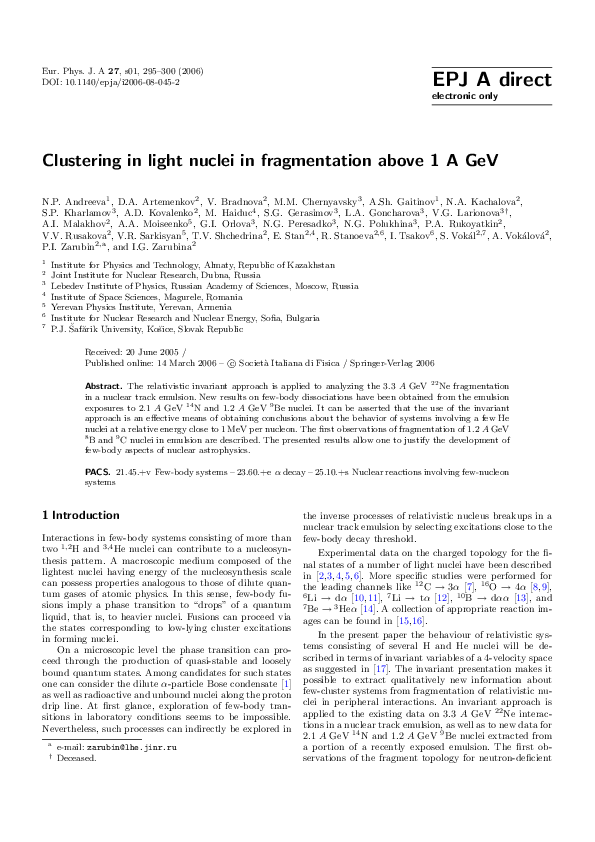 (PDF) Clustering in light nuclei in fragmentation above 1 A GeV
