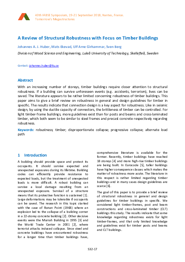 (PDF) A Review of Structural Robustness with Focus on Timber Buildings