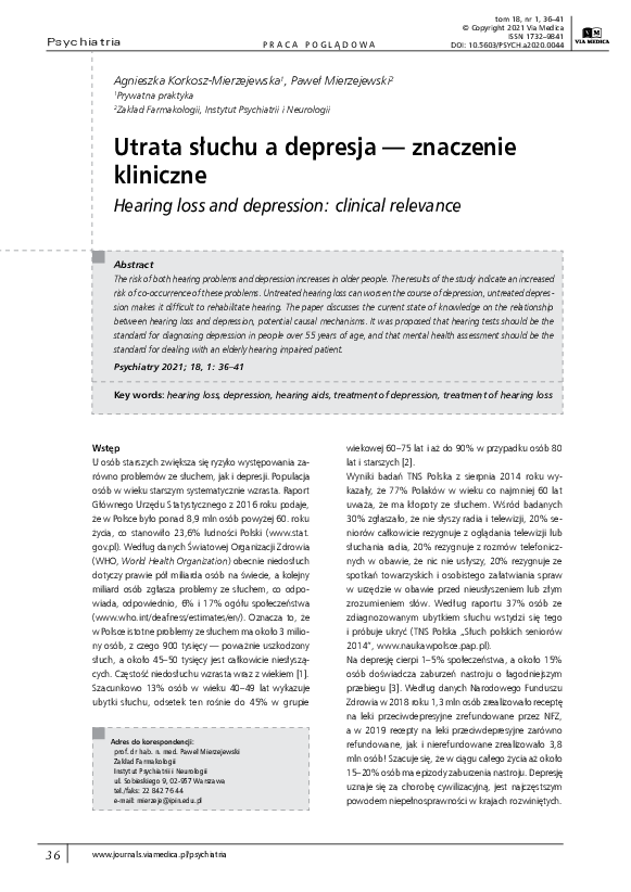 (PDF) Utrata słuchu a depresja — znaczenie kliniczne