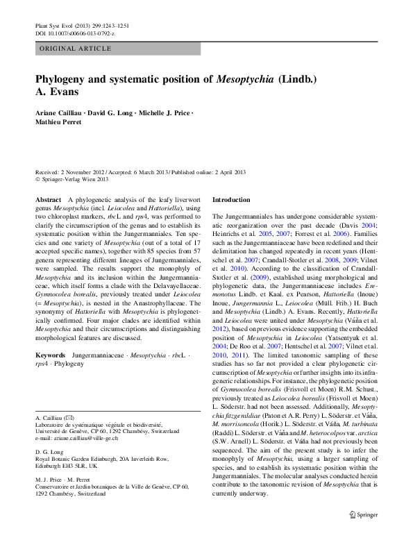 (PDF) Phylogeny and systematic position of Mesoptychia (Lindb.) A. Evans