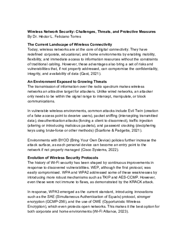 (PDF) Wireless Network Security: Challenges, Threats, and Protective ...