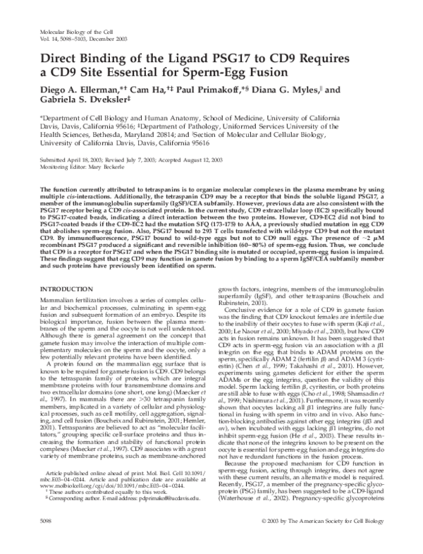 (PDF) Direct Binding of the Ligand PSG17 to CD9 Requires a CD9 Site Essential for Sperm-Egg Fusion