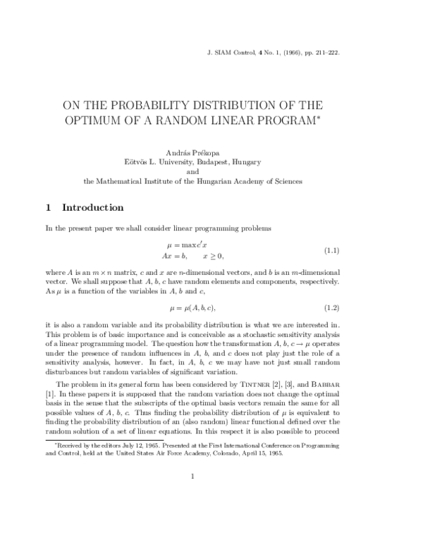 (PDF) On the Probability Distribution of the Optimum of a Random Linear ...