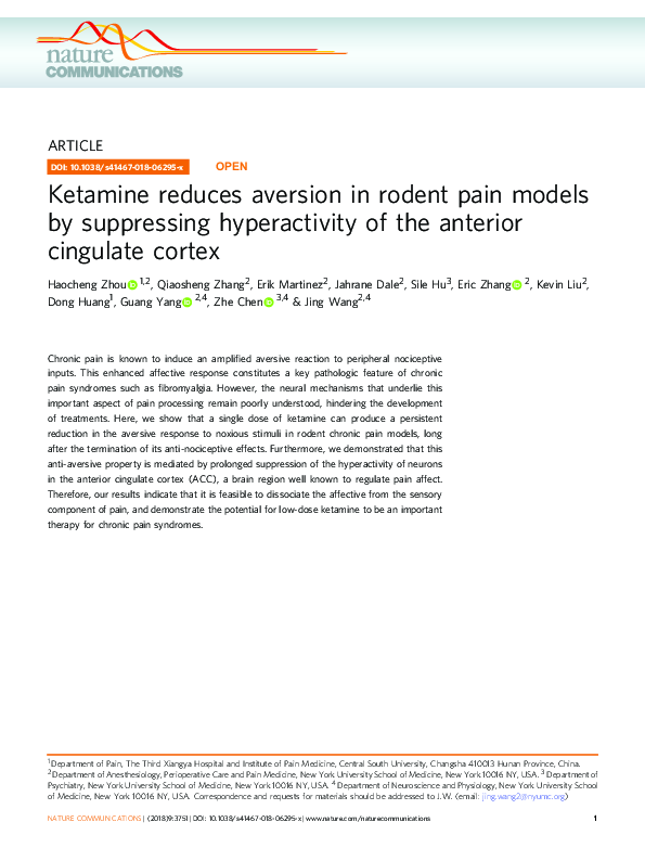 (PDF) Ketamine reduces aversion in rodent pain models by suppressing ...