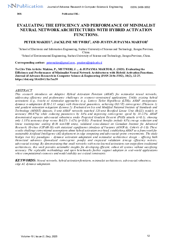 (PDF) EVALUATING THE EFFICIENCY AND PERFORMANCE OF MINIMALIST NEURAL NETWORK ARCHITECTURES WITH ...